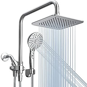 Ryamen Dual Shower Head Combo, 8'' High Pressure Rain/Rainfall Shower Head,5 Settings Adjustable Handheld Showers,with 15" Height Adjustable Slide Bar,Holder/Hose, Angle Adjustable, Chrome