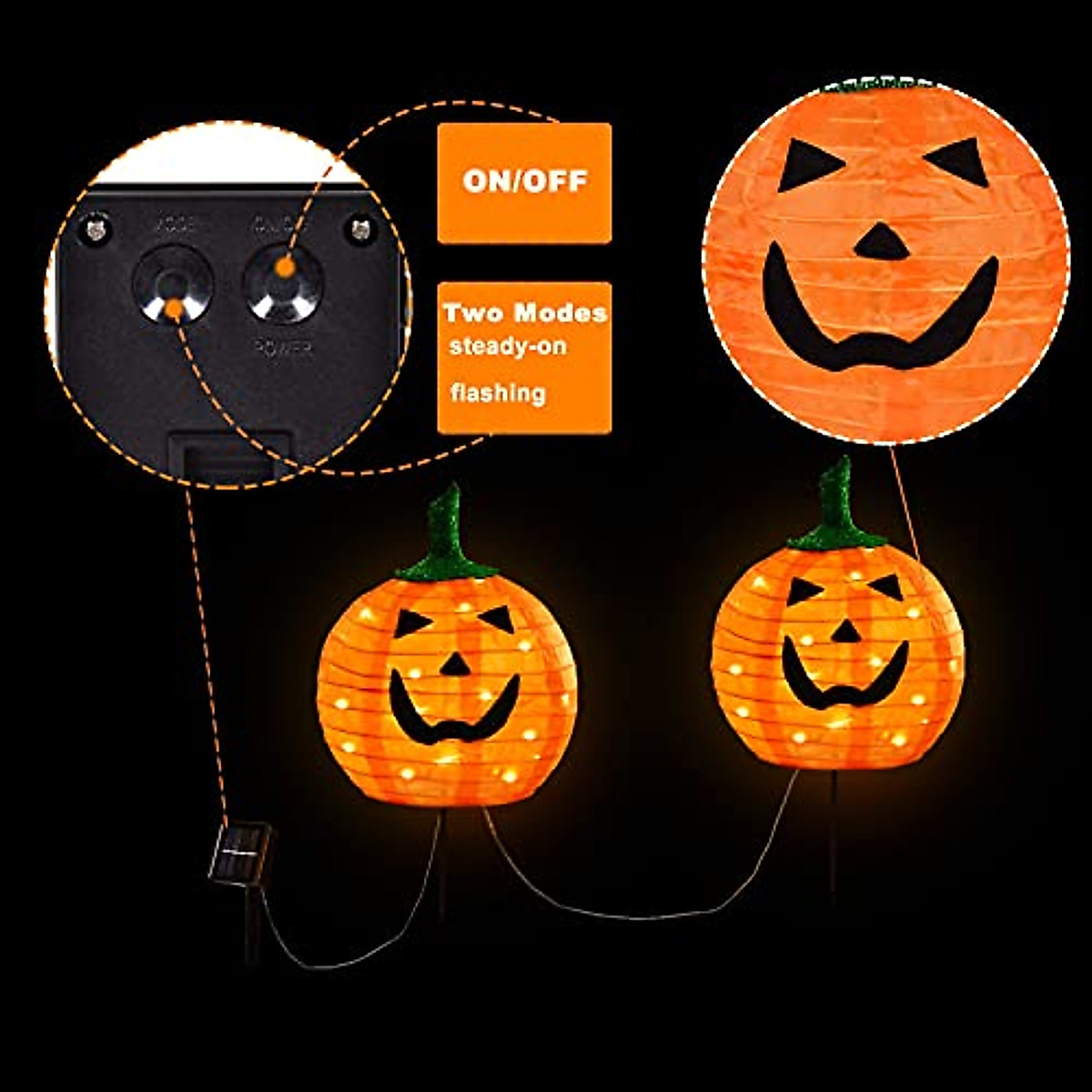 PLTCAT Solar Halloween Pumpkin LED Lights, Set of 2 Pumpkin Stake Lights 2 Modes for Outdoor Halloween Pathway Yard Garden Decoration