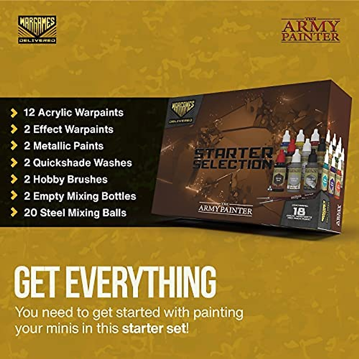 Wargames Delivered The Army Painter Starter Miniature Paint Sets - Acrylic Model Paint Set for Plastic Minis - Miniature Painting Kit - 18 Acrylic Paints, 2 Hobby Paint Brushes, Mixing Balls & Bottles