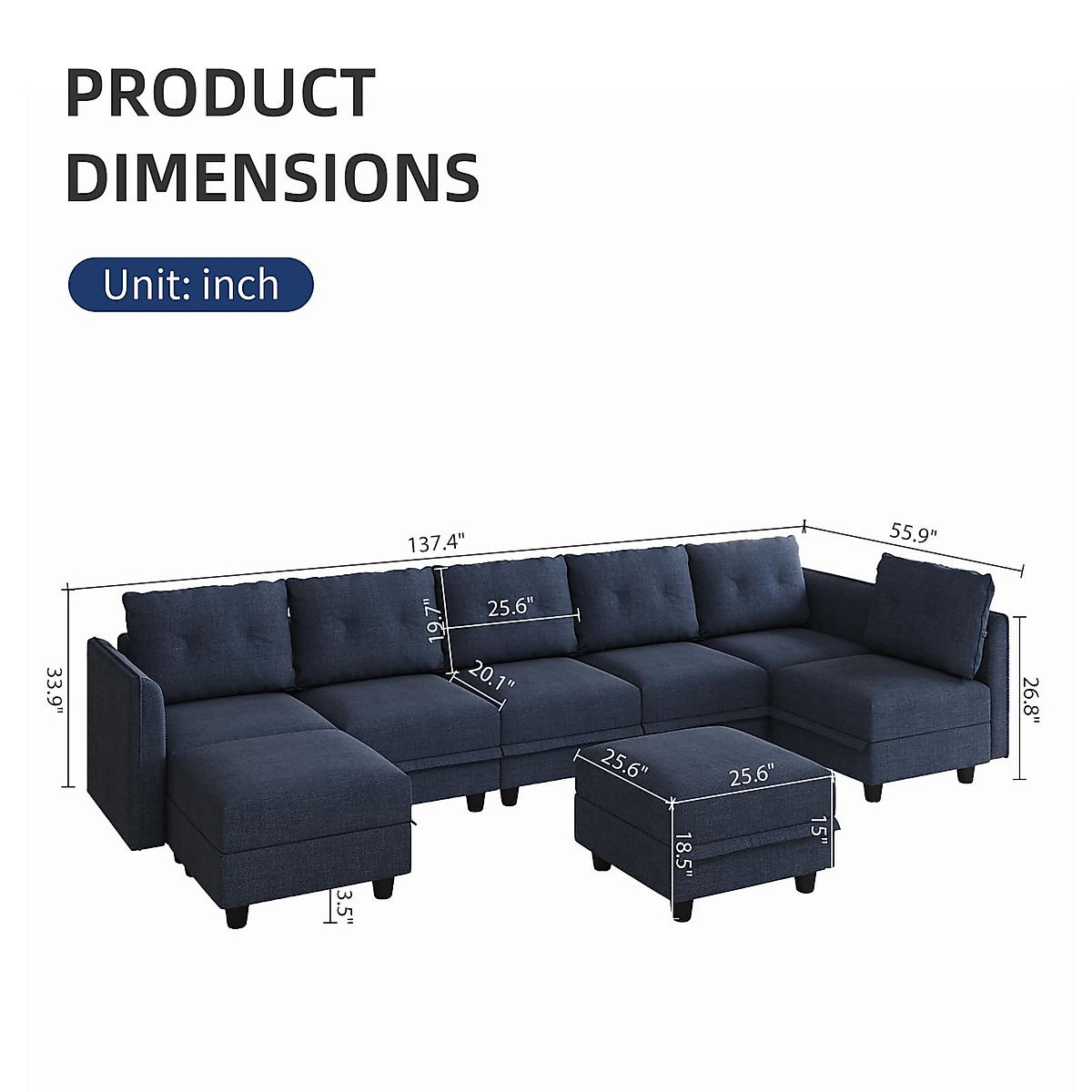 LLappuil Modular Sectional Sofa with Chaise, 8 Seater Reversible L Shaped U Shape Sectional Couch with Storage, Denim Blue