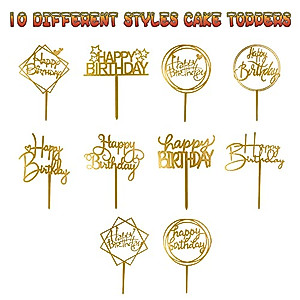 10-Pack Happy Birthday Cake Toppers,Gold Cake Toppers Acrylic Birthday Cake Supplies,4inchx6inch (Gold)