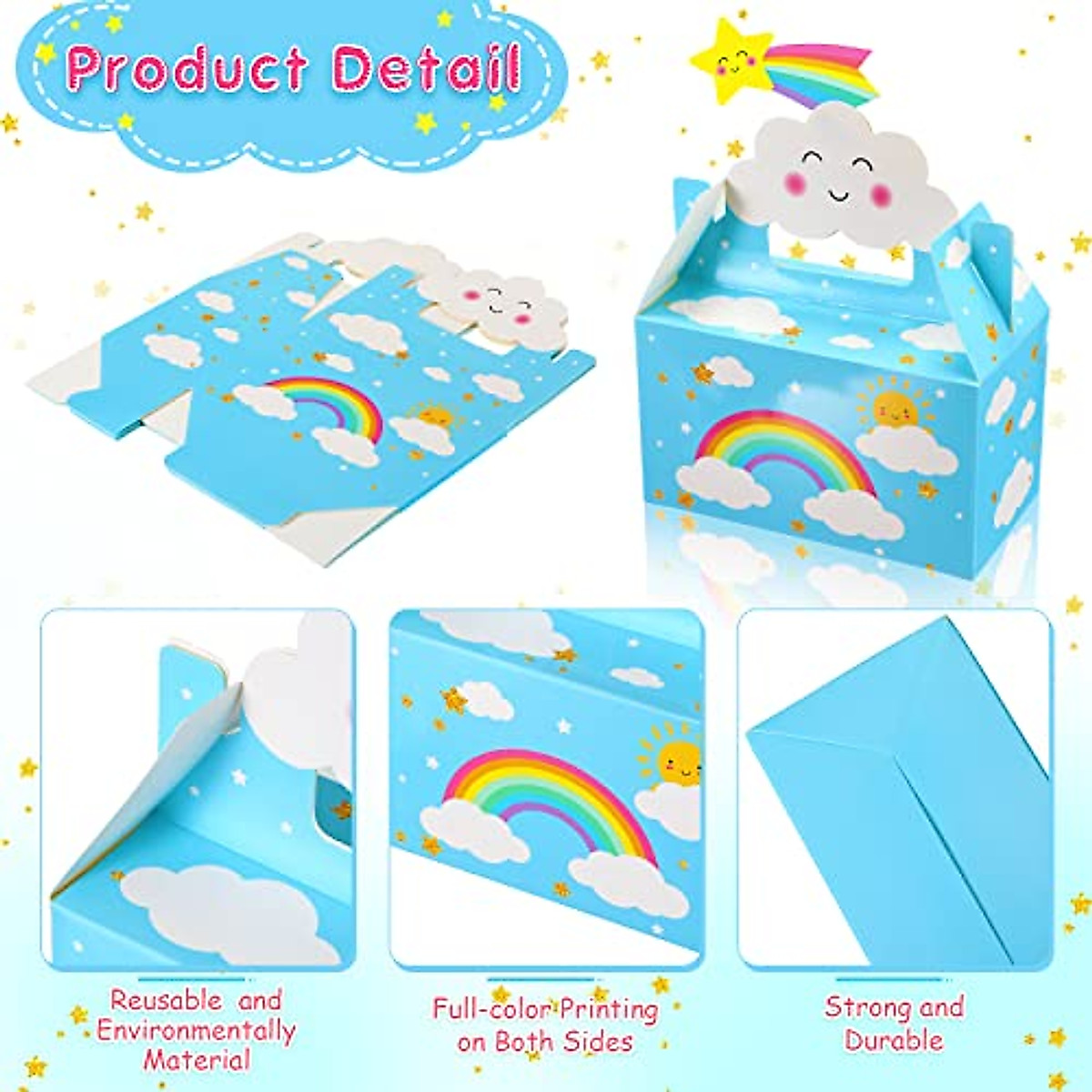 Nezyo 24 Pack Rainbow Party Favor Boxes Cloud Treat Decorations Favors Kraft Paper Goodie with Handles Candy Goodies Gift for Kids Birthday Baby Shower Supplies