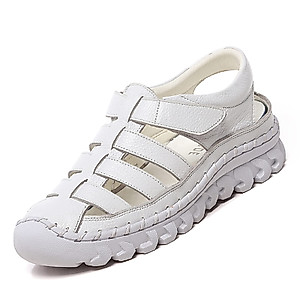 Women Genuine Leather Closed Toe Fisherman Sandals,Adjustable Hollow Platform Gladiator Sandal,Soft Sole Non-Slip Beach Walking Mom Shoes (White,9.5,9.5)