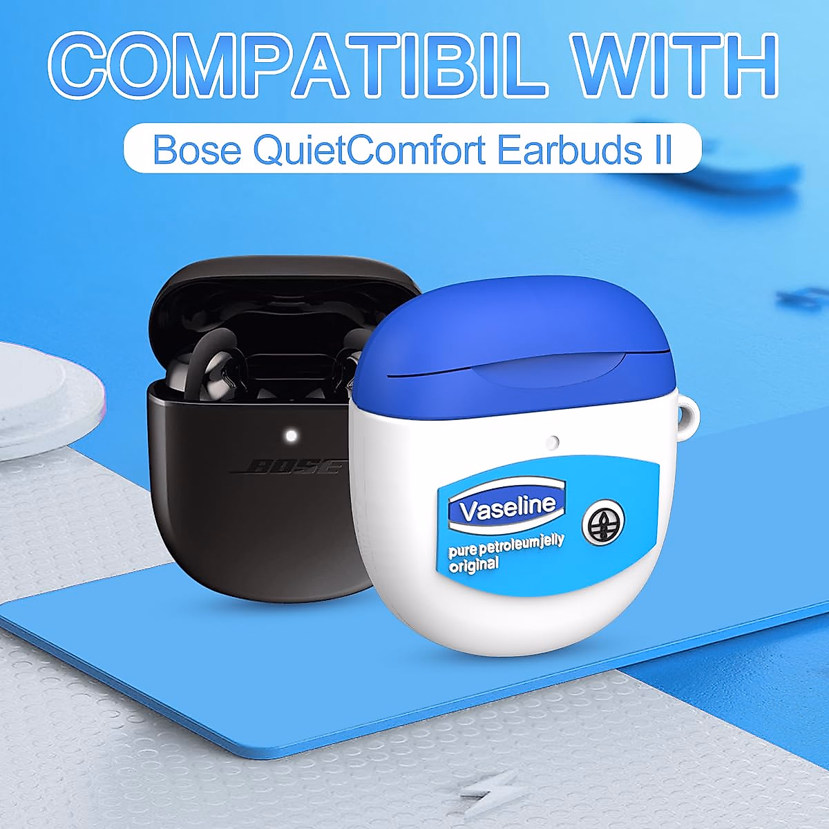 [6 in 1] TOLUOHU Case for Bose QuietComfort Earbuds II Case, Shockproof Silicone Protective New Cute Cartoon Bose QuietComfort Earbuds ii Cover Accessories with Keychain Lanyard Brush Sticker -Blue