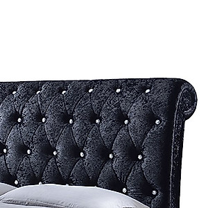 Baxton Studio Wholesale Interiors Castello Velvet Upholstered Faux Crystal-Buttoned Sleigh Platform Bed, Queen, Black