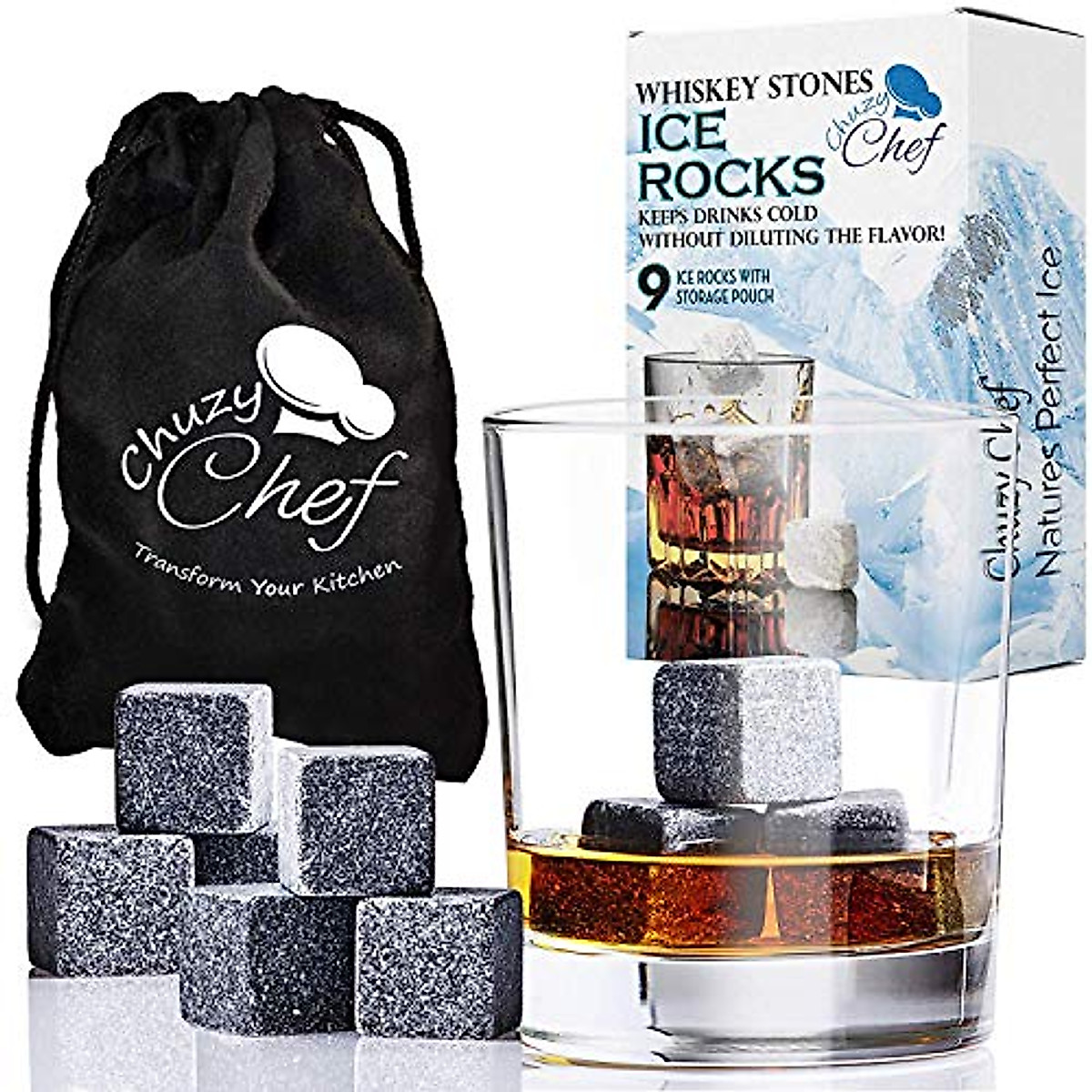 Whiskey Stones Chilling Ice Cubes - Set of 9 Whiskey Rocks Chilling Stones Reusable Whiskey Stone for Your Drinks with Velvet Gift Pouch Great Gift Idea