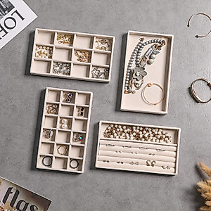 Frebeauty Jewelry Organizer Tray,Stackable Velvet Jewelry Trays,Drawer Inserts Earring Organizer For Women Jewelry Storage Display Case for Rings Stud Necklaces,Set of 6(Beige)