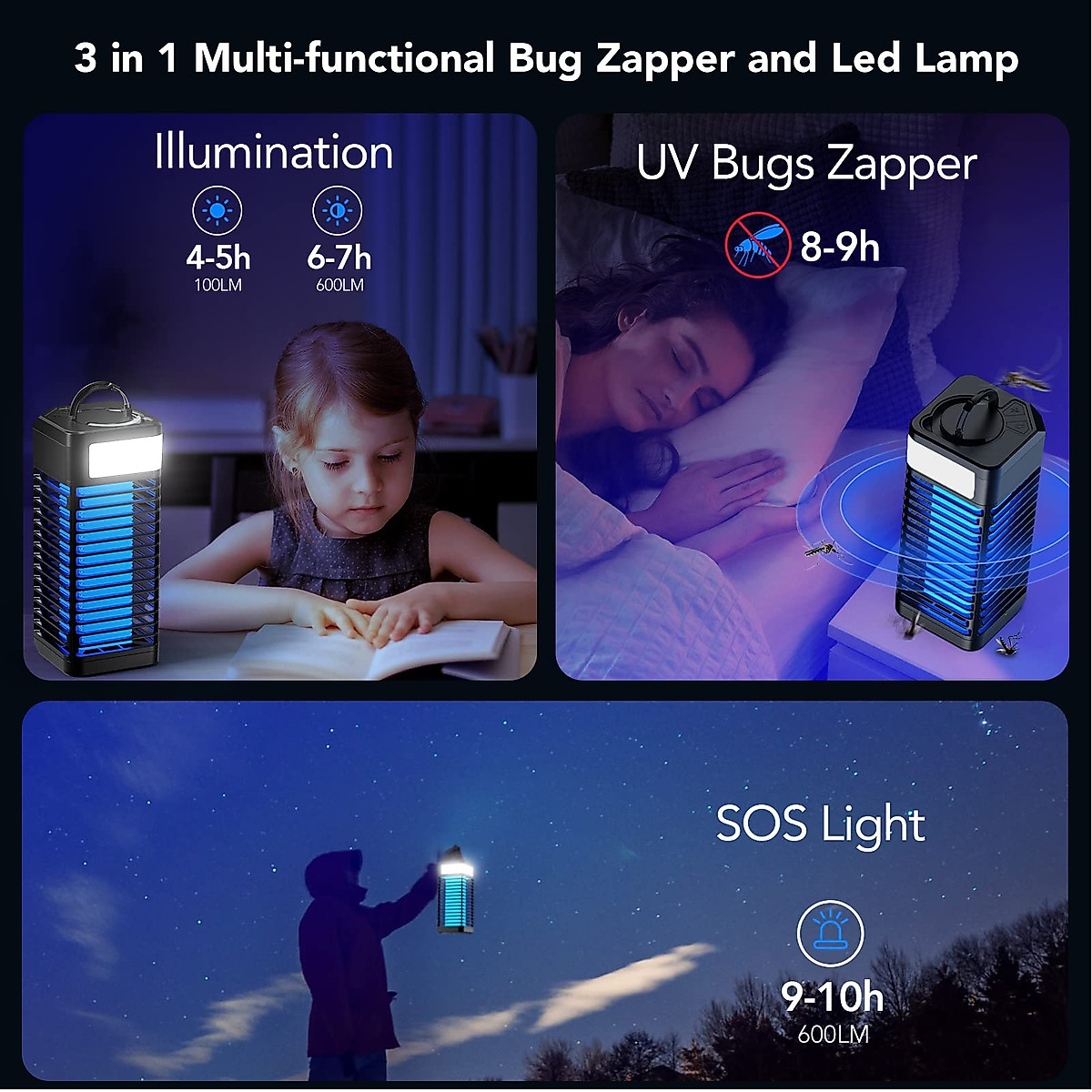 GKKOWN Bug Zapper Outdoor and Indoor, Mosquito Zapper, Fly Zapper, Electric Rechargeable Cordless Waterproof Mosquito Trap, Mosquito Killer Lamp for Home, Patio, Camping and RV, USB Battery Powered