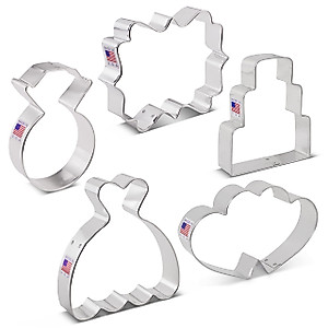 Wedding Cookie Cutters 5-Pc Set Made in the USA by Ann Clark, Square Plaque, Wedding Cake, Wedding Dress, Diamond Ring, Double Heart