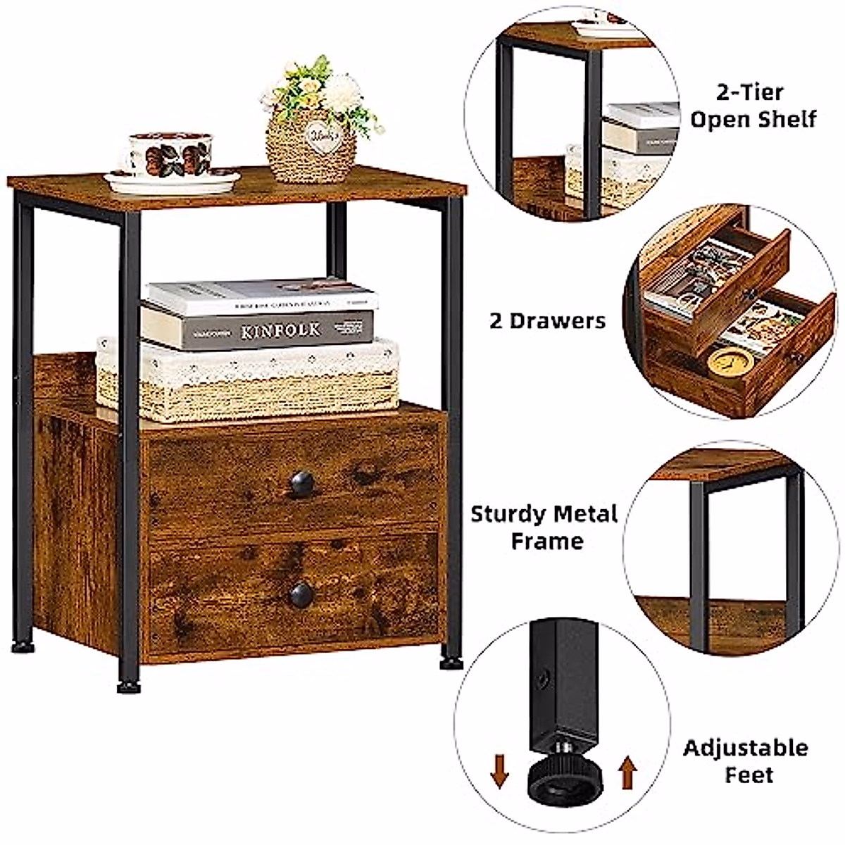 Lerliuo Nightstand, Industrial Bed Side Table with 2 Drawers Storage Open Shelf, Sturdy End Table with Steel Frame, Night Stand for Bedroom, Living Room, Vintage Brown