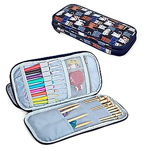 Teamoy Afghan Crochet Hook Case(up to 11" Long), Tunisian Crochet Organizer Bag for Ergonomic Crochet Hooks, Knitting Needles and Accessories, Cats Blue