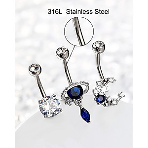 Melighting 14G Belly Button Rings Pack Stainless Steel 316L Blue Belly Rings for Women Clear CZ Planet Belly Piercing Moon Navel Barbell Body Piercing Jewelry (Blue)