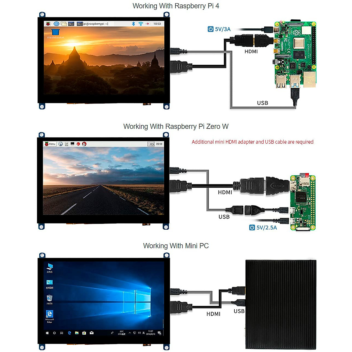 Bicool 5inch HDMI LCD Rev 4, 800x480 Capacitive Touchscreen Monitor TFT Display for All Raspberry Pi 4B/3B+/3B/Zero/Zero W/WH, Support Windows 10/8.1/8 / 7,5-Points Touch Driver Free Toughened Glass