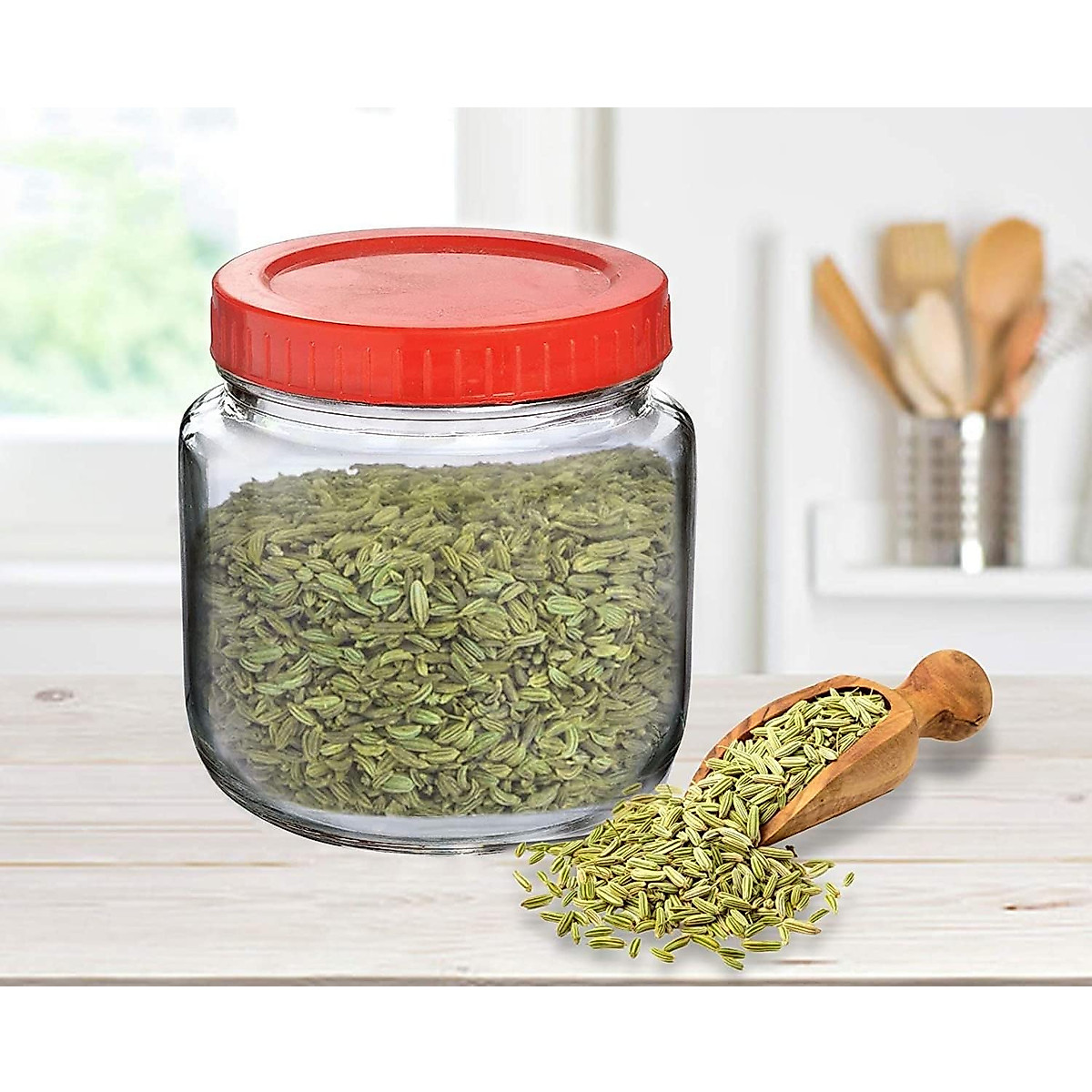 Yera Glass Square Clear Jars & Containers||for Kitchen Pantry Masala,Honey,Pickles,Dry Fruits,and Coffee Beans Storage||Gifting And Crafting Item||Plastic Red Lid (Aahar Jar) (300ml, Set Of 4)