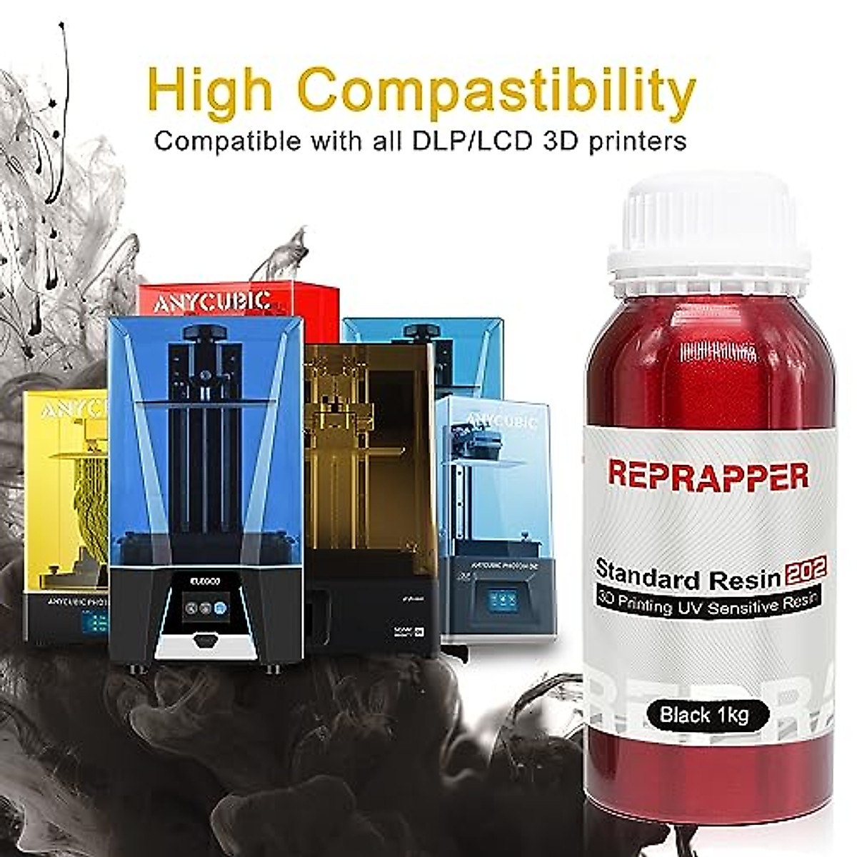 Reprapper ABS-Like Translucent Black 3D Printer Resin, 405nm Fast UV-Curing 1kgTransparent Black Resin 3D Printing Resin Photopolymer Sensitive Resin for LCD Printer, Clear Black 1000g