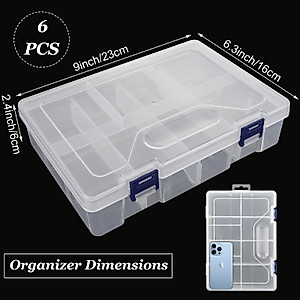 LDXURU 6 Pack 8 Grids Plastic Organizer Box, Clear Organizer Box Adjustable Dividers, Plastic Compartment Container Storage with Removable Dividers for Craft, Beads, Jewelry, Small Part