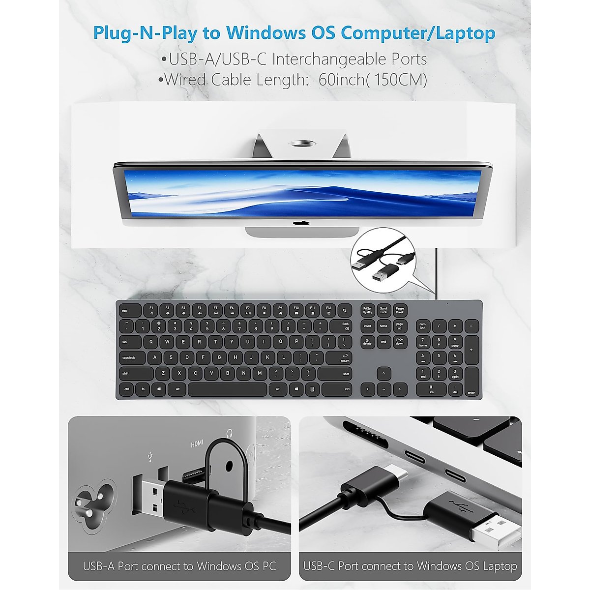 9H Aluminum USB Wired Keyboard with Numeric Keypad for PC Windows 10/8 / 7 / Vista/XP
