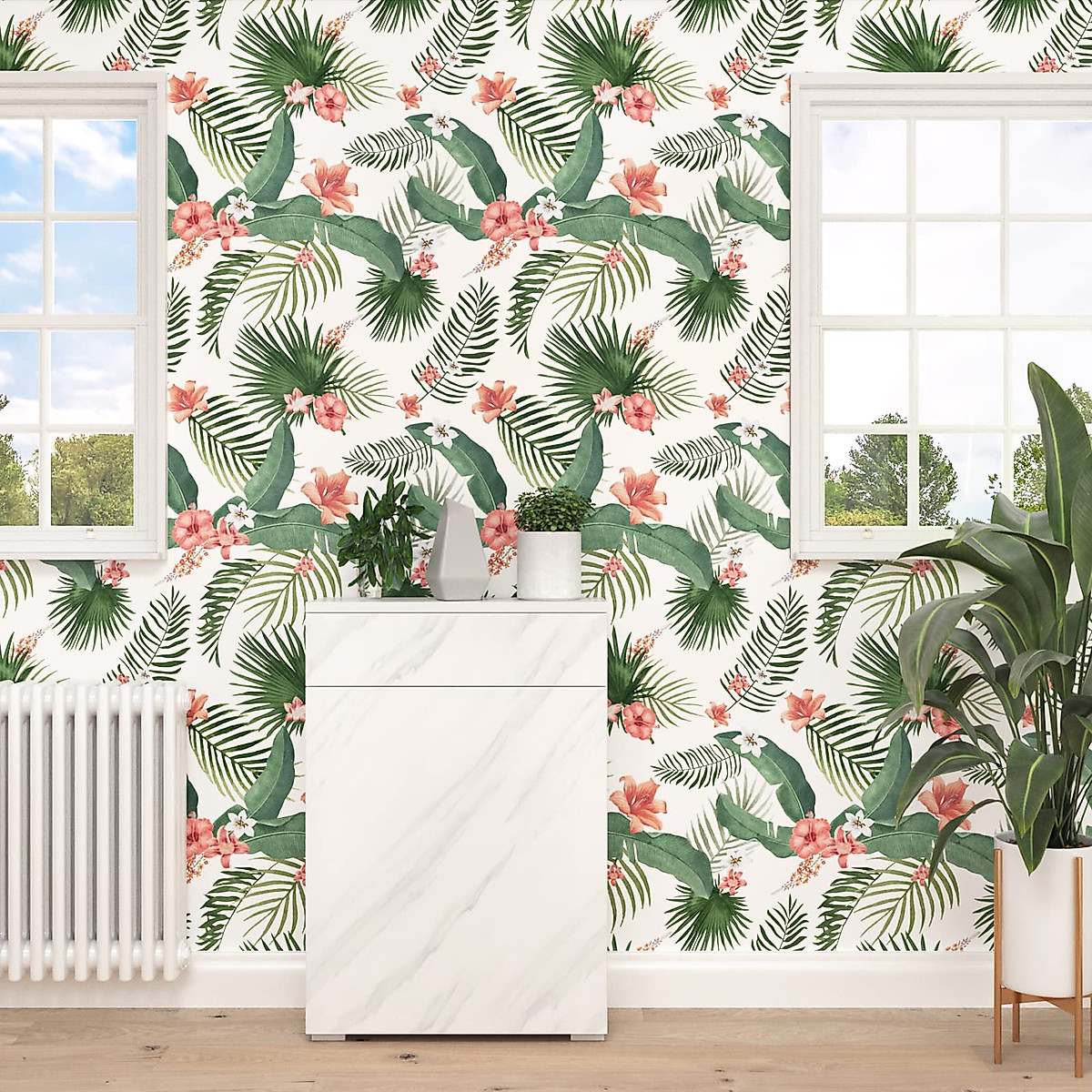 Skyblur Boho Waallpaper Vintage Floral Peel and Stick Wallpaper 17.5"X118" Tropical Banana Leaf Wall Paper Palm Removable Contact Paper for Cabinets Mural Stick on Wallpaper Home Decor for Walls