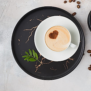 Decorative Ceramic Serving Tray for Coffee Table & Dining Table Centerpiece, 10'' Round Candle Holder Tray, Bathroom Kitchen Trays for Counter, Black & Marble Finish