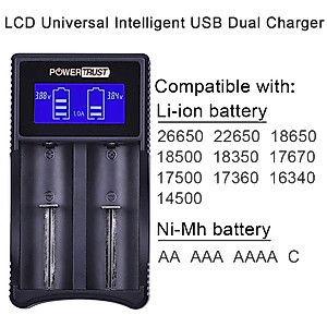 PowerTrust Smart Charger,LCD Universal Intelligent USB Dual Battery Charger for Rechargeable Li-ion Batteries 18650 26650 22650 18490 18350 17670 17500 16340 RCR123 14500, Ni-MH Ni-Cd A AA AAA C