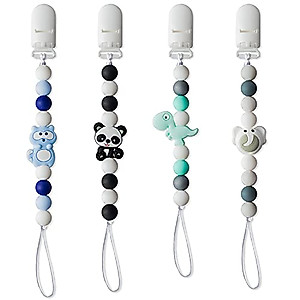 4Pcs Silicone Pacifier Clip for Babies Infant Animal Teething Soothie Toy Panda Dinosaur Elephant Raccoon Pacifier Clip Babies Teethers Clips for Baby Shower Birthday Keepsake Christmas New Year Gift