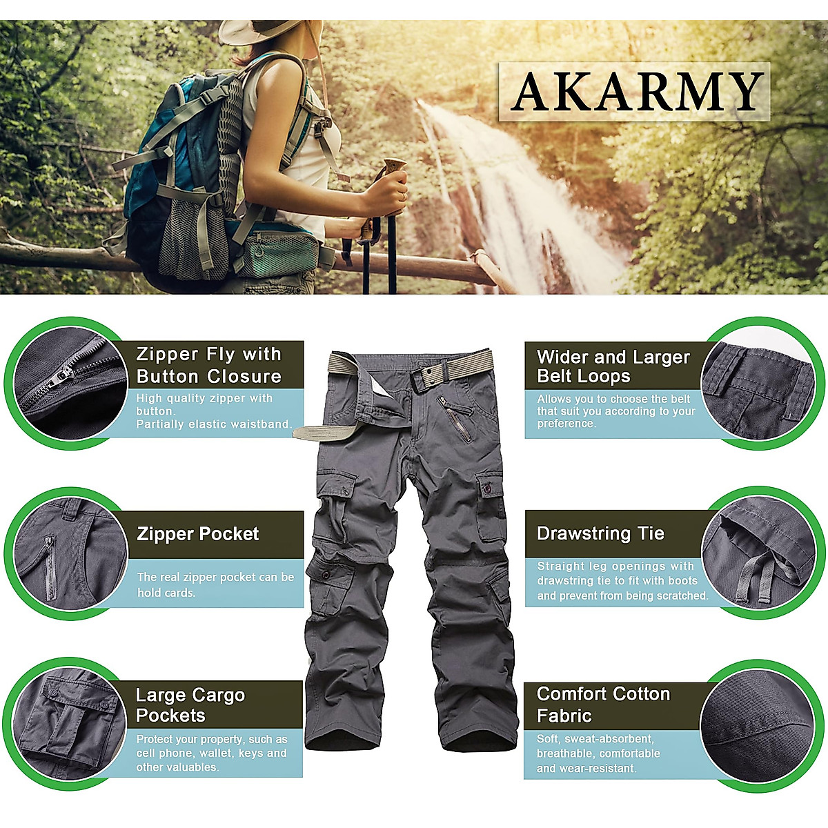 AKARMY Women's Cotton Casual Work Pants Camouflage Cargo Pants Parachute Pants for Women with Pockets Gray 2
