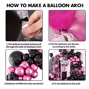 Hot Pink and Black Balloon Arch Kit, 5 10 18 Inch Birthday Party Balloons, Metallic Magenta Black Garland Kit with 2 Black Explosion Star Balloons, DIY Balloon Arch for Birthday Party Decoration
