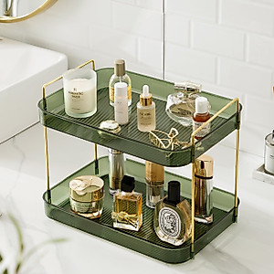 HBlife Bathroom Countertop Organizer 2 Tier Makeup Organizer Perfume Tray Skincare Storage Cosmetic Organizer Bathroom Counter Shelf, Clear Green