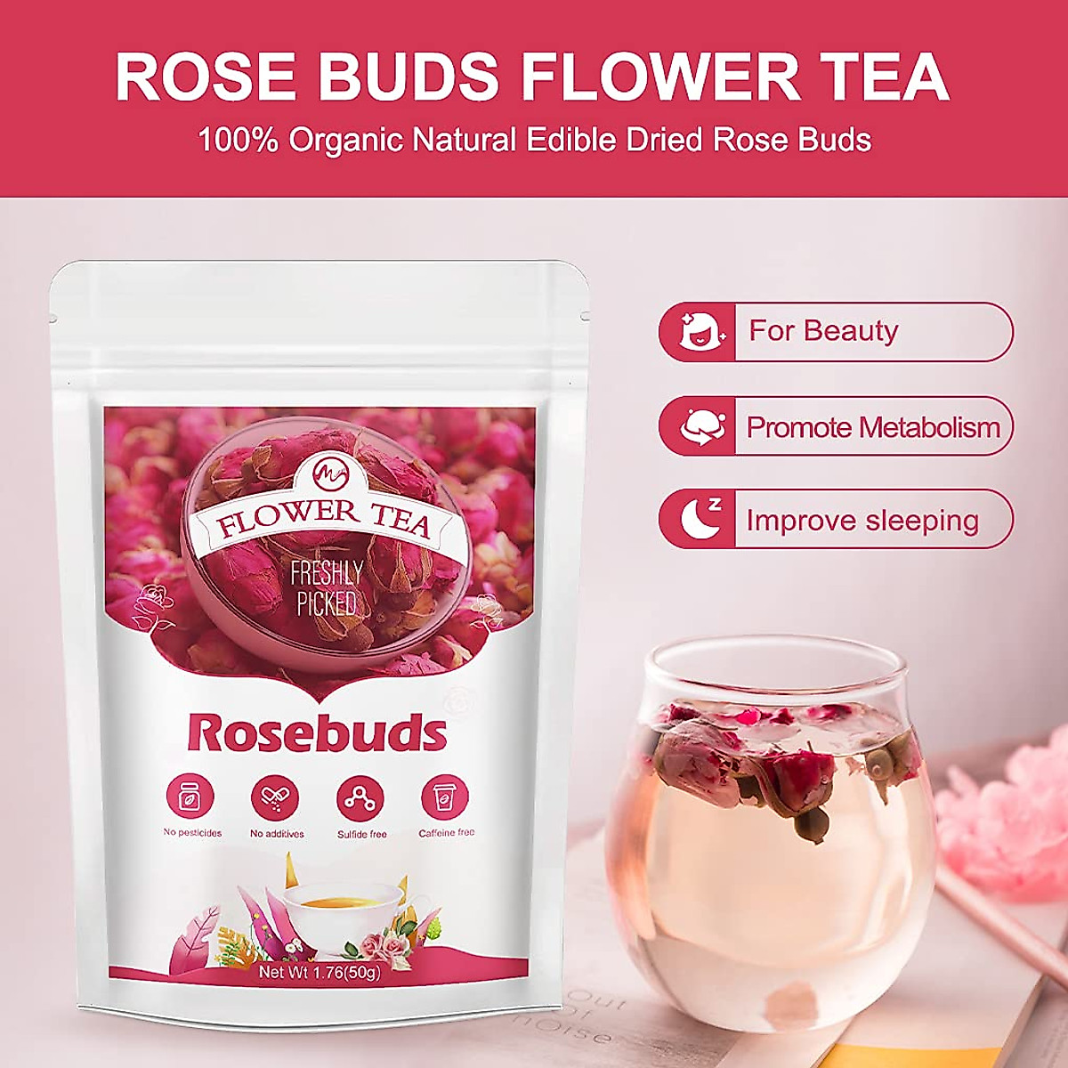M inch Rose Buds Flower Tea - 100 percent Organic Natural Edible Dried Rose Buds Flowers for Cakes Decorating, Beauty & Promote Metabolism, 1.76 Ounce (Pack of 1)