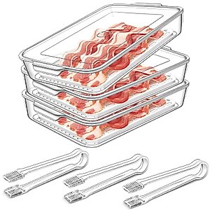 Furbeko 3 Pcs Bacon Keeper Deli Meat Container for Fridge Bacon Holder Bacon Storage Container with Lids for Refrigerator Plastic Cold Cuts Cheese Storage Organizer Bacon Saver with 3 Serving Tongs