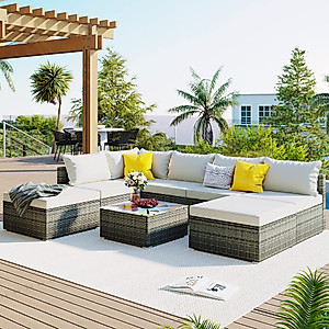 8-Pieces Outdoor PE Wicker Sectional Sofa Set, Outdoor Patio Furniture Sets with Coffee Table and Water Resistance Cushions, All-Weather Conversation Set for Garden Backyard Patio (Beige)