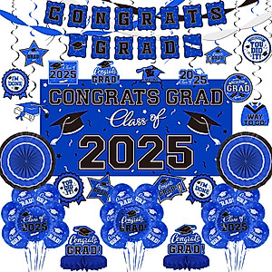 Blue Themed 2025 Graduation Decorations Set - Congrats Grad Banner, Class of 2025 Backdrop, Balloons & Streamers Kit - Complete Party Supplies for High School & College Celebrations
