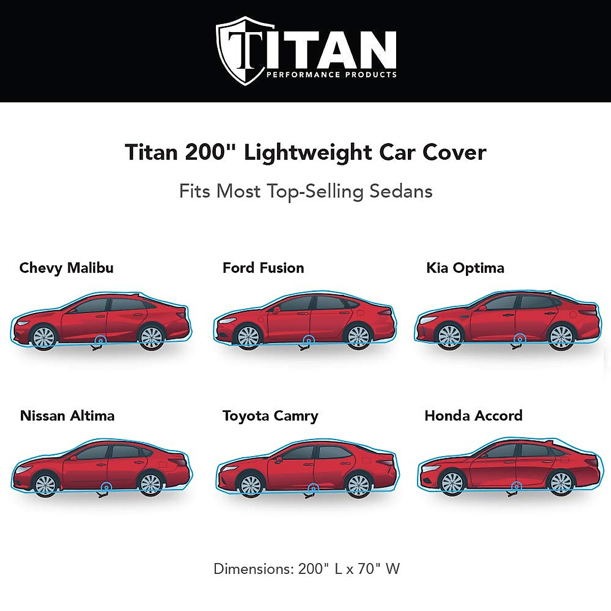 Titan Jet Black Poly 210T Car Cover for Sedans 186-202". Waterproof, UV Protection, Scratch Resistant, Driver-Side Zippered Opening. Fits Camry, Accord and More.