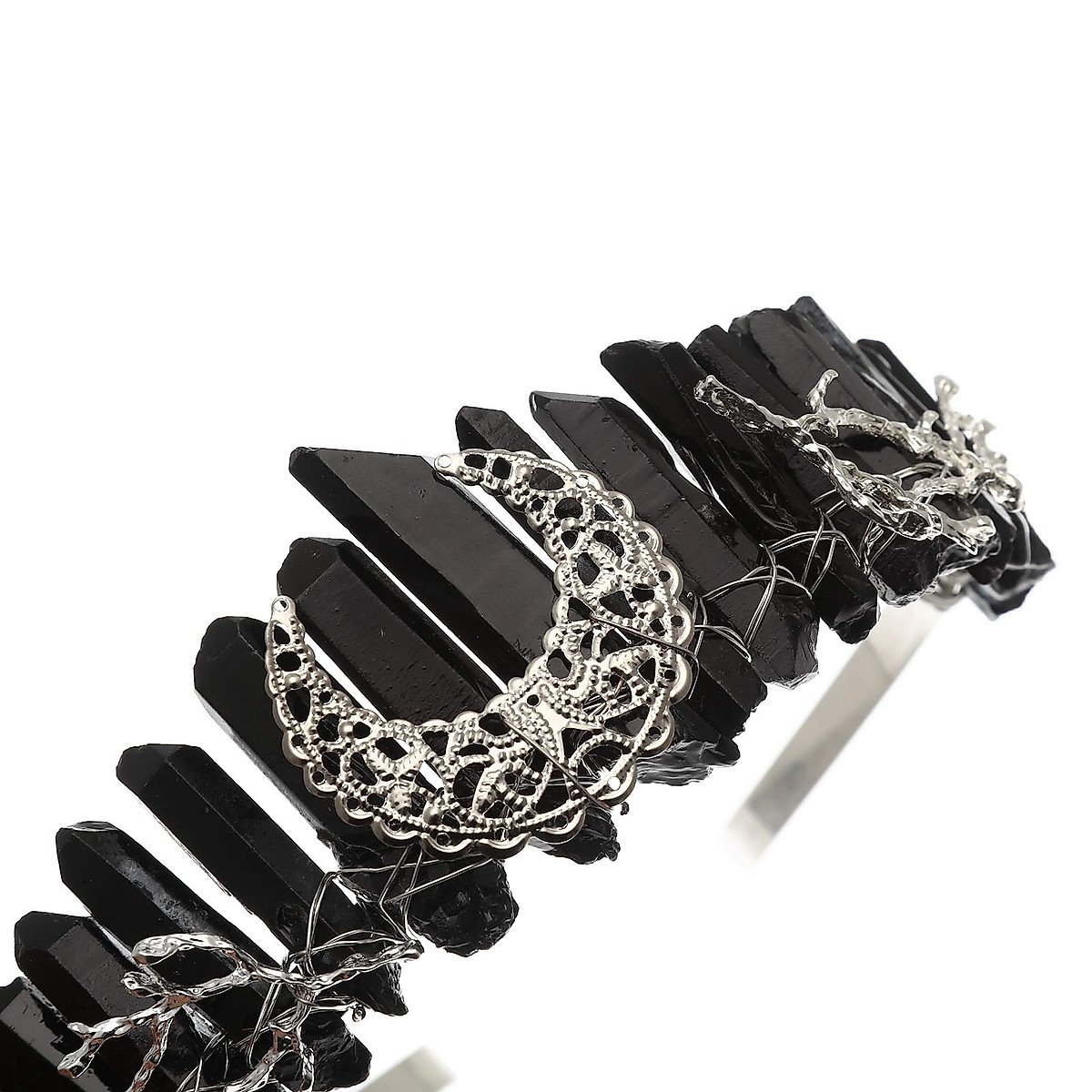 HAIMEIKANG Raw Crystal Quartz Crown Headband Handmade Tiara Natural Stone Headband for Woman Wedding and Parties (Black)