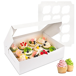 Moretoes 30pcs Cupcake Boxes Bulk White Cupcake Containers with Windows 30 Pcs 12 Count Cardboard Inserts to Fit Muffins Cupcake Carrier for Cookies