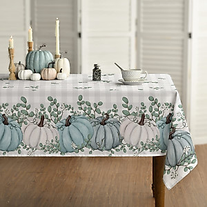 Horaldaily Fall Tablecloth 60x84 Inch Rectangular, Thanksgiving Autumn Harvest Blue Pumpkin Buffalo Plaid Table Cover for Party Picnic Dinner Decor
