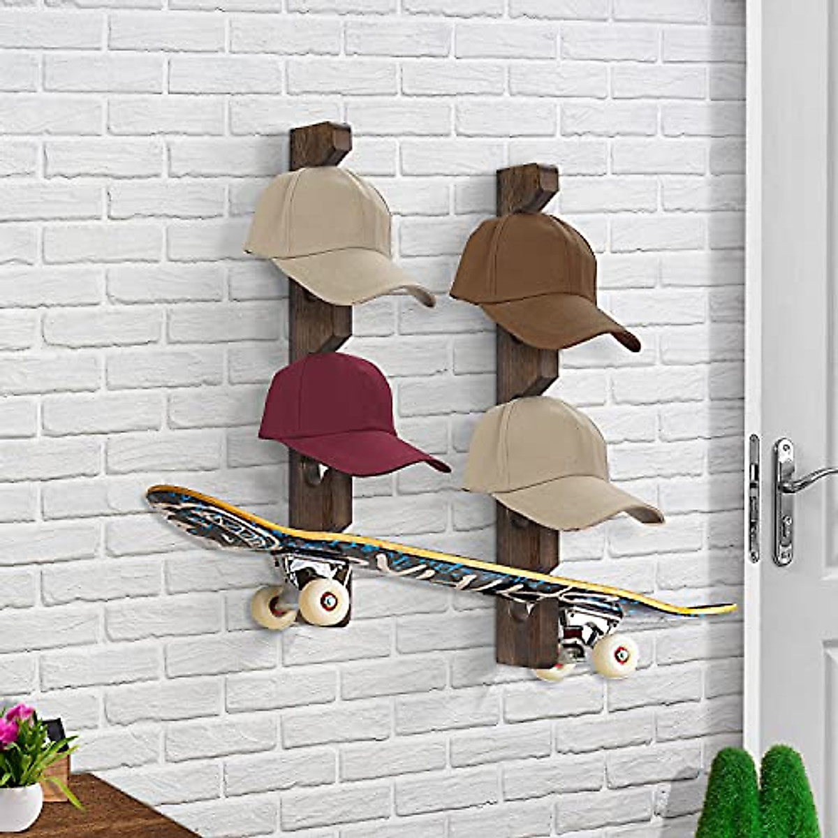keletop Hat Rack for Wall Baseball Cap Organizer Hanger (2 Pack) Modern Wooden Hat Holder Wall-Mounted Caps Display for Closet Door Bedroom Entryroom Laundry (Brown) …