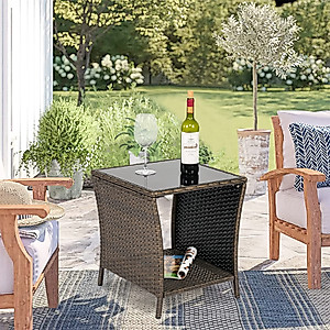 Kinsunny Outdoor Bistro Table PE Wicker Rattan Side Table Square End Table with Glass Top for Backyard Lawn Balcony, Brown