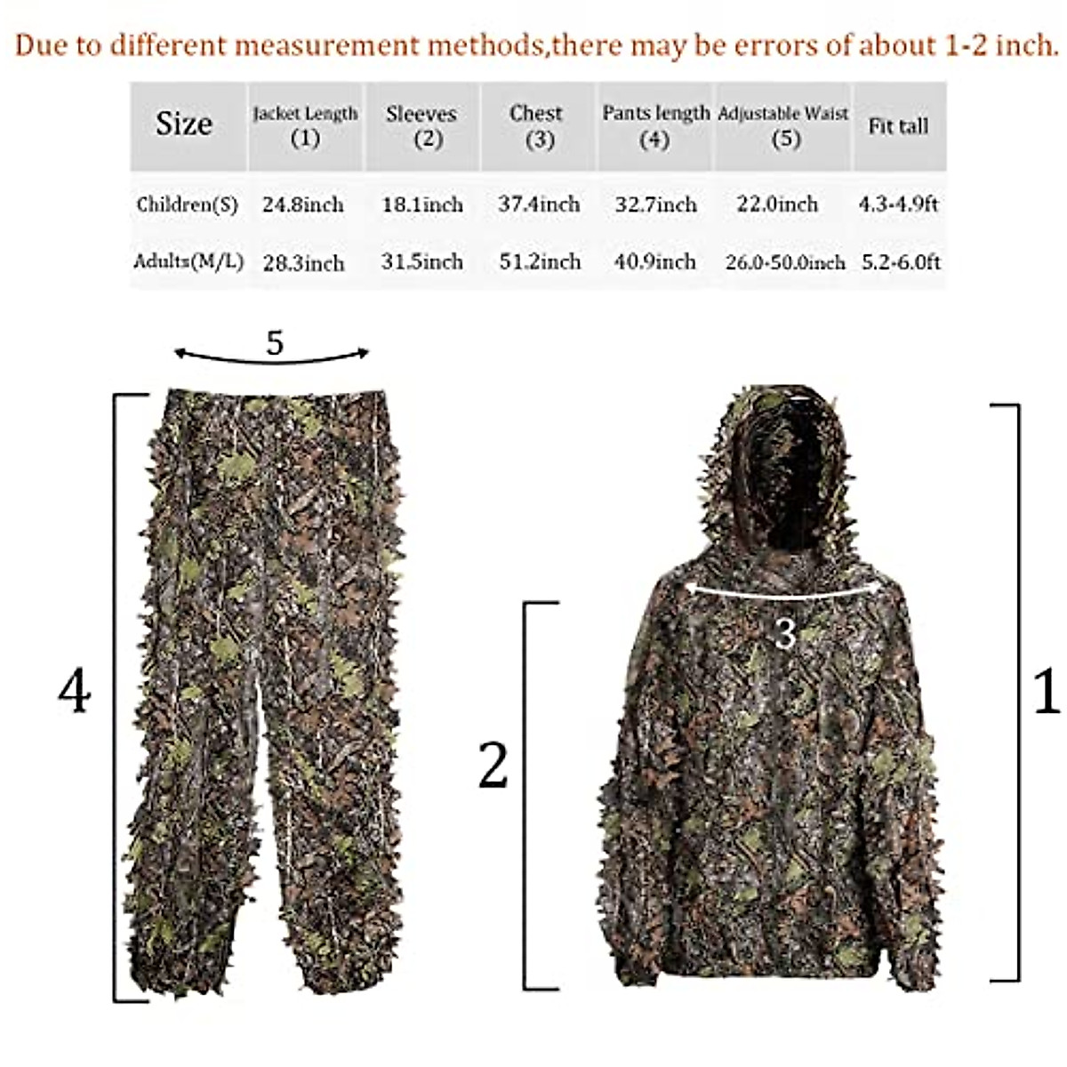 Anyoupin Ghillie Suit, Camo Suit Woodland Camouflage Clothing Military Clothes and Pants for Hunting,Shooting, Airsoft, Wildlife Photography or Halloween