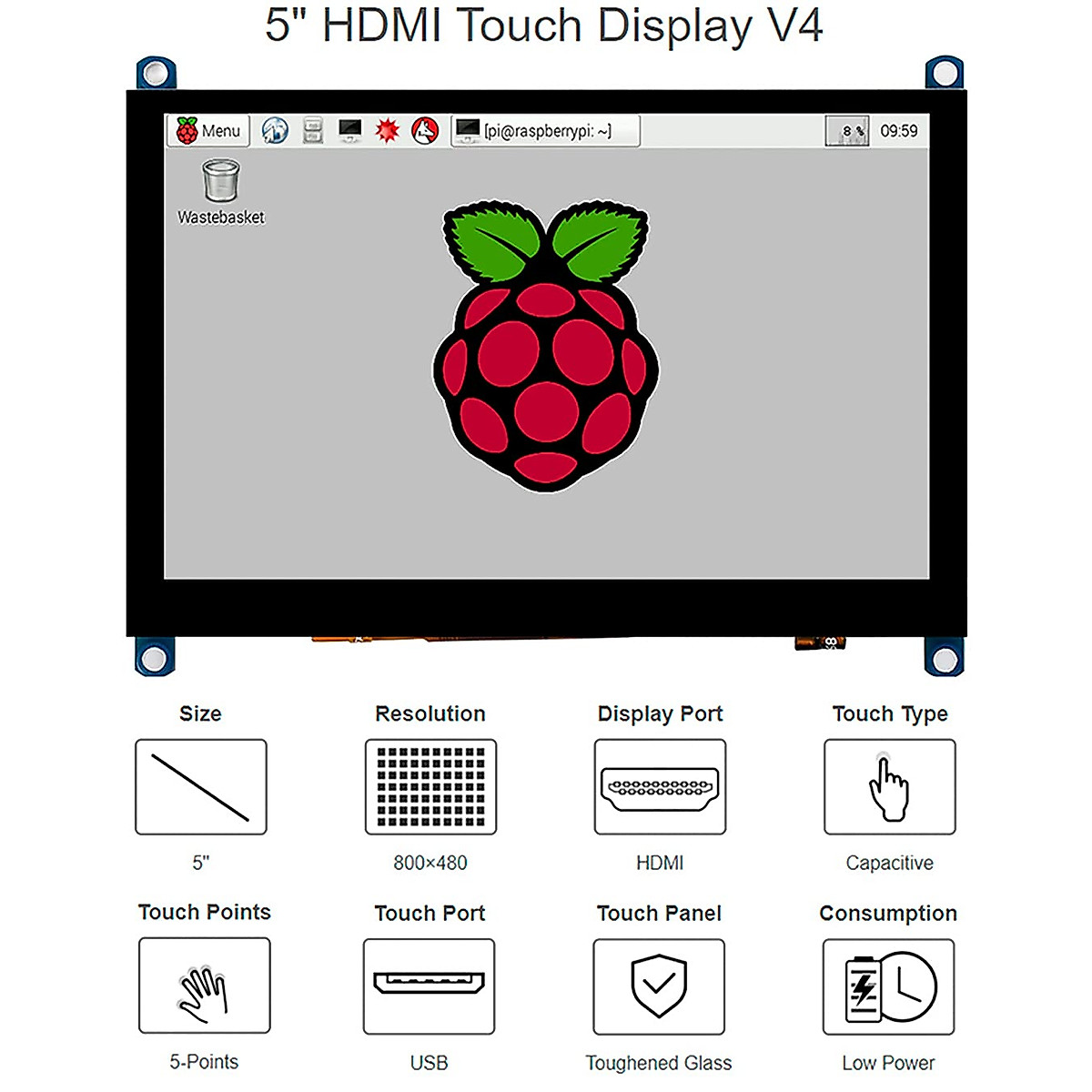 Bicool 5inch HDMI LCD Rev 4, 800x480 Capacitive Touchscreen Monitor TFT Display for All Raspberry Pi 4B/3B+/3B/Zero/Zero W/WH, Support Windows 10/8.1/8 / 7,5-Points Touch Driver Free Toughened Glass