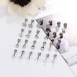 LOLIAS 12 Pairs 18G Barbell Stud Earrings for Men Women Stainless Steel Ball CZ Cartilage Helix Surgical Flatback Earrings Set