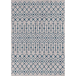 Unique Loom Outdoor Trellis Collection Area Rug - Tribal Trellis (7' 1" x 10' Rectangle, Light Blue/ Ivory)