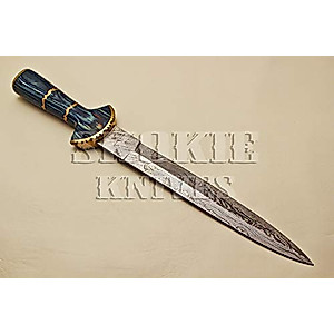 Skokie Knives Handmade Damascus Steel Dagger Knife - Steel Handle Pakka Wood and Brass Spacer