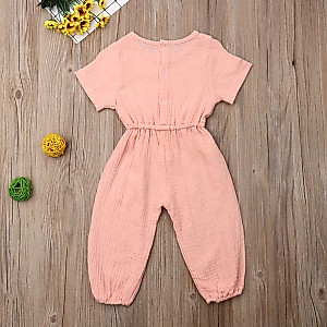Mubineo Toddler Baby Girl Summer Fall Basic Plain Short Sleeve Cotton Linen Drawstring Romper Jumpsuit (Peach Pink, 2-3T)