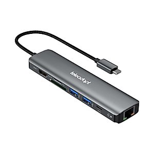 Teleadapt USB C Hub Ethernet, 7 in 1 USB Hub Multiport Adapter for Laptop, HDMI 4K, 1Gbps Ethernet, 100W Power Delivery, USB 3.0, SD/TF Card Reader, Hub USB Adapter for MacBook, iPad Pro, XPS