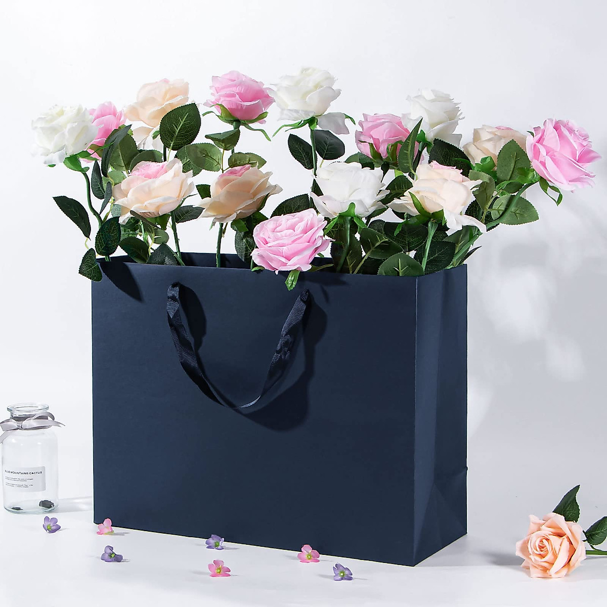 Katfort Large Navy Blue Gift Bag with Handles 12 Pack, 16''×6''×12'' Extra Large Gift Bag with Ribbon Handles, Reusable Heavy Duty Kraft Paper Bags Bulk for Shopping, Wedding, Party, Gift, Retail