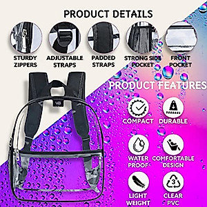 Clear Backpack Stadium Approved, Heavy Duty Small Transparent Backpack For Boys, Girls, Adults – School, Work, Festival, Concert Backpack – Ultra Soft PVC Plastic, Upgraded Under 12x12x6" (Jet Black)