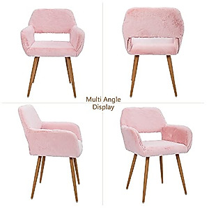 Faux Fur Chair for Bedroom Mid Century Modern Desk Living Room Chairs with Armrest, Sherpa Accent Dining Chair, Comfy Armchair with Metal Legs, Home Girls Vanity Makeup Study Office Desk Chair (Pink)
