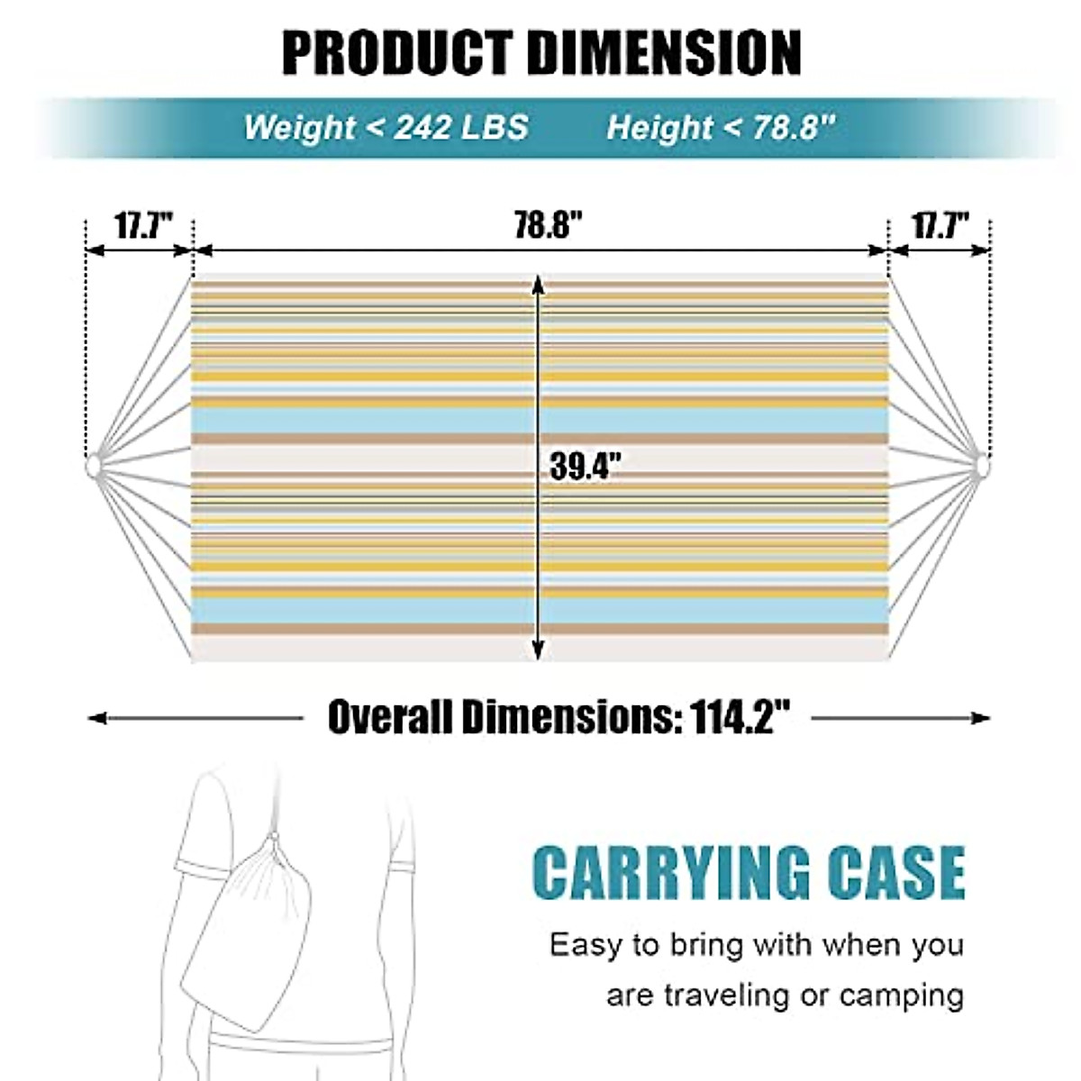 Brazilian Hammock Indoor Hammock Extra Large Canvas Hammock with Carry Bag for Patio Porch Garden Backyard Lounging Outdoor and Indoor Yellow Stripes