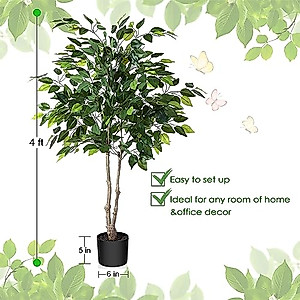 Kazeila Artificial Ficus Tree, 4FT Fake Plastic Ficus Plant in Pot with Durable Plastic Trunk, Faux Plant for Home Decor Office House Living Room Indoor